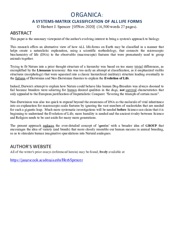 (PDF) ORGANICA: A SYSTEMS-MATRIX CLASSIFICATION OF ALL LIFE FORMS