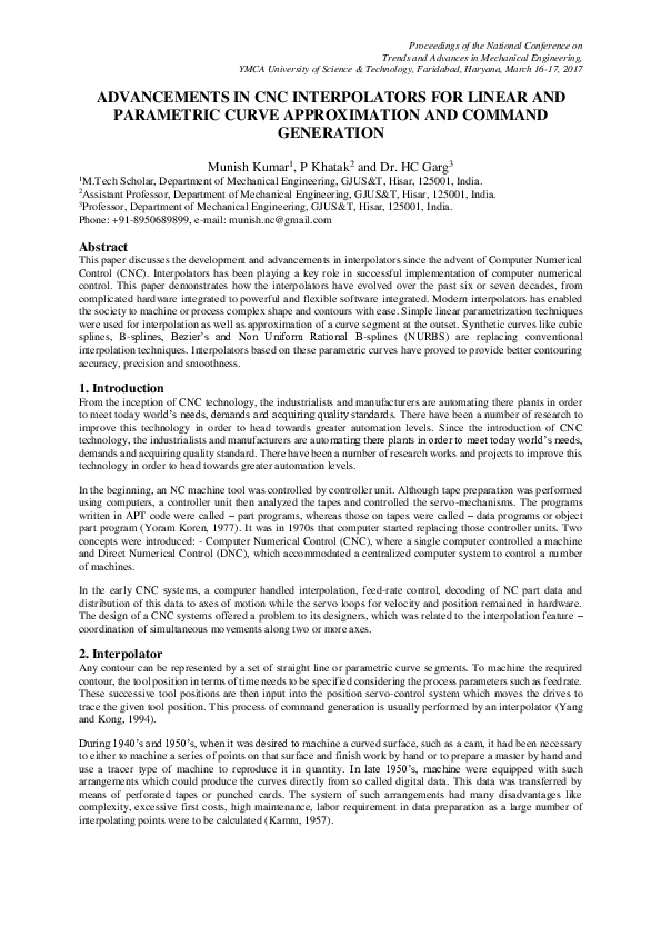 Pdf Advancements In Cnc Interpolators For Linear And Parametric Curve Approximation And