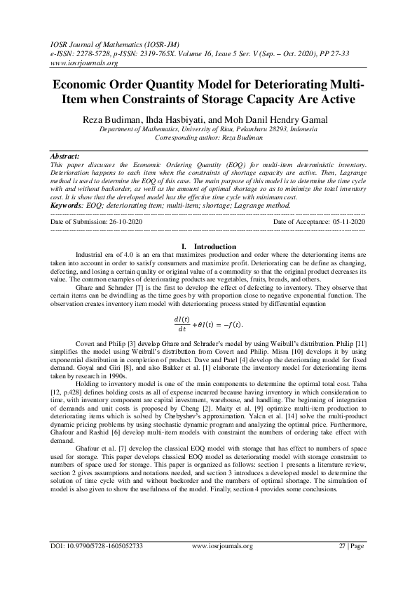 Pdf Economic Order Quantity Model For Deteriorating Multi Item When Constraints Of Storage