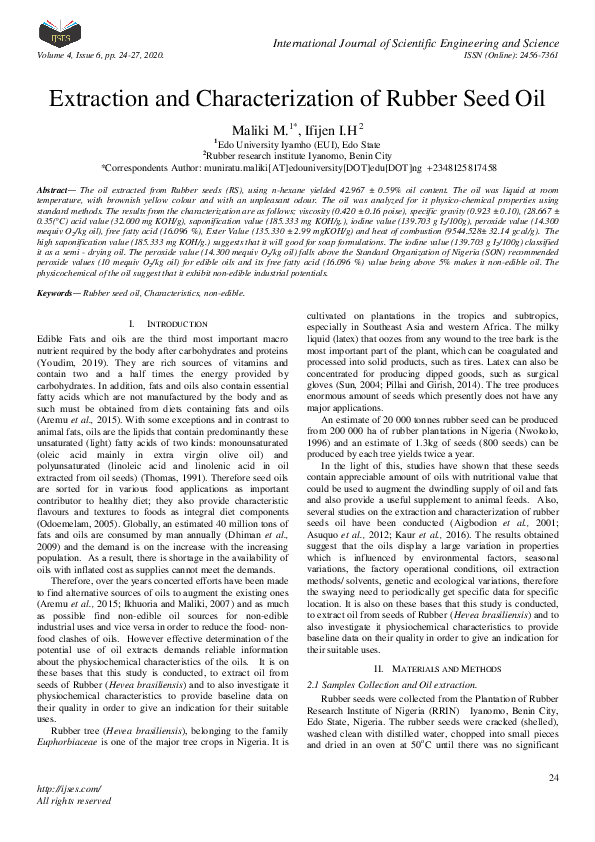 (PDF) Extraction and Characterization of Rubber Seed Oil
