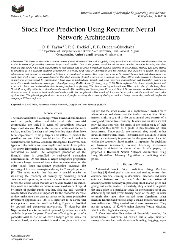 Pdf Stock Price Prediction Using Recurrent Neural Network Architecture
