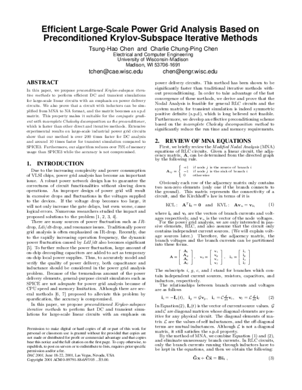 Pdf Efficient Large Scale Power Grid Analysis Based On Preconditioned Krylov Subspace