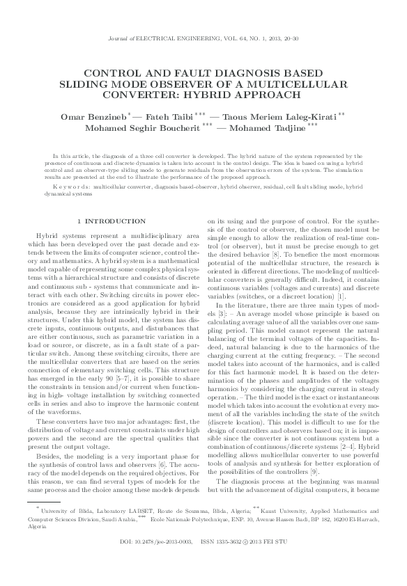 (PDF) Control and Fault Diagnosis Based Sliding Mode Observer of a Multicellular Converter ...