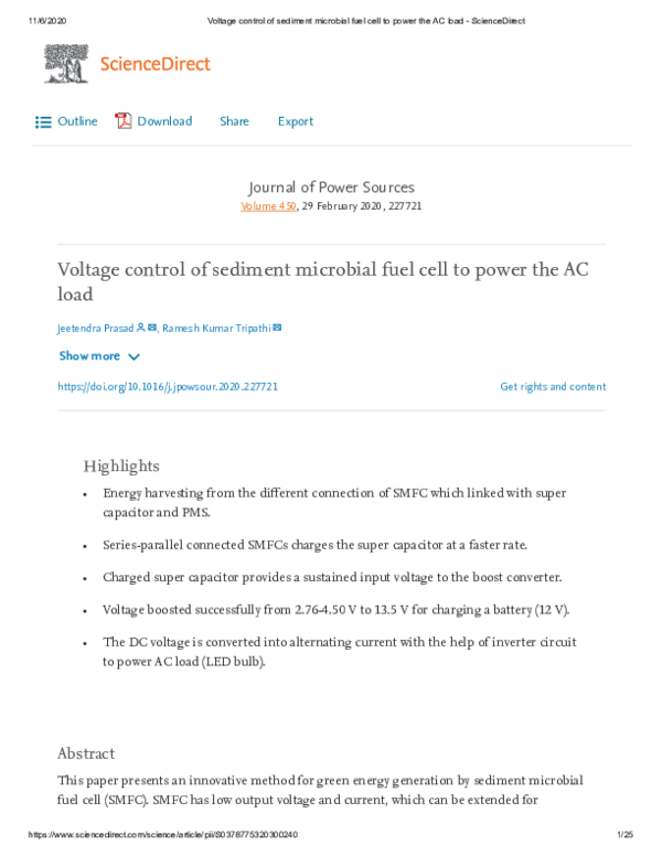 (PDF) Voltage control of sediment microbial fuel cell to power the AC load