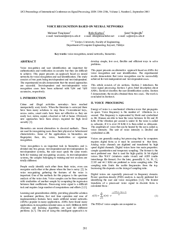 (PDF) Voice Recognition Based On Neural Networks