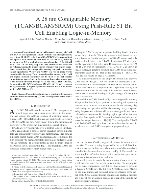 Pdf A 28 Nm Configurable Memory Tcambcamsram Using Push Rule 6t Bit Cell Enabling Logic In