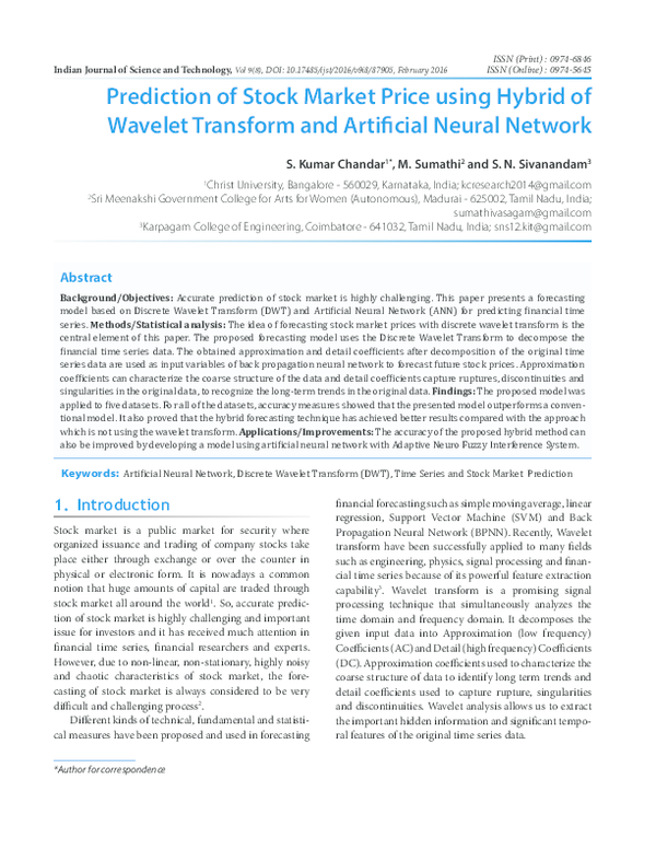 Pdf Prediction Of Stock Market Price Using Hybrid Of Wavelet Transform And Artificial Neural