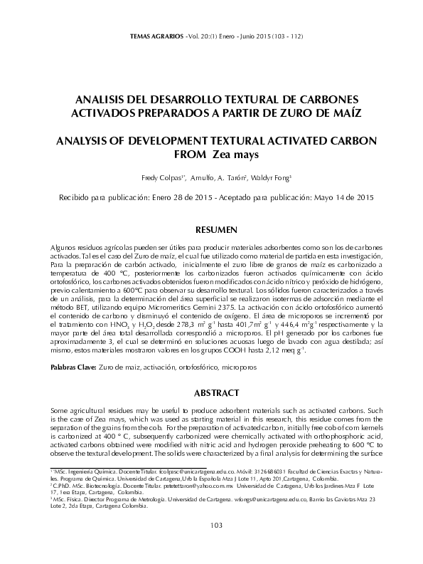 (PDF) Analysis of development textural activated carbon from zea mays | Revista Temas Agrarios ...