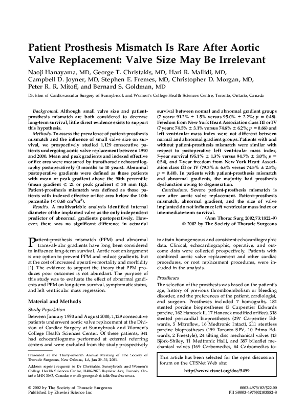 (PDF) Patient prosthesis mismatch is rare after aortic valve replacement: valve size may be ...