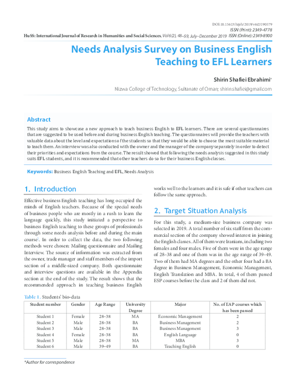 (PDF) Needs Analysis Survey on Business English Teaching to EFL Learners