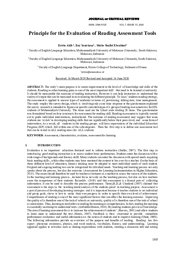 (PDF) Principle for the Evaluation of Reading Assessment Tools