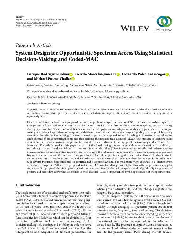 (PDF) System Design for Opportunistic Spectrum Access Using Statistical Decision-Making and ...