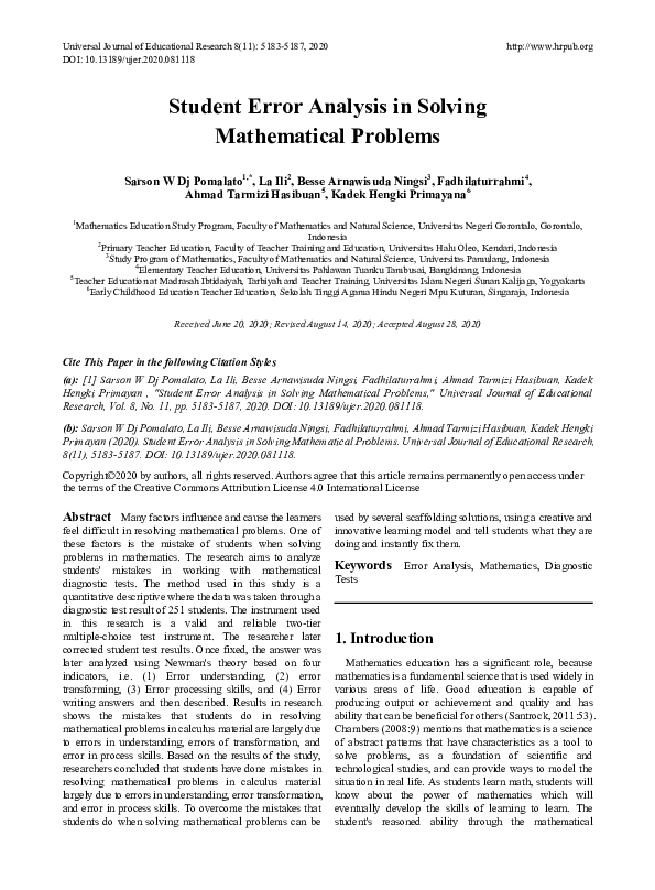 (PDF) Student Error Analysis in Solving Mathematical Problems