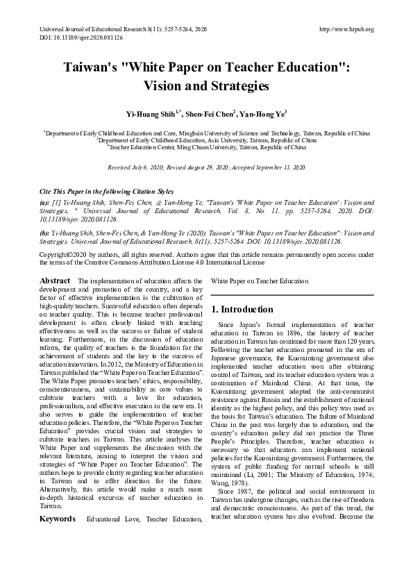 (PDF) Taiwan's "White Paper on Teacher Education": Vision and Strategies