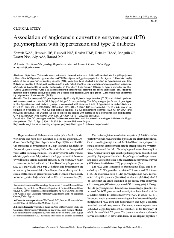 (PDF) Association of angiotensin converting enzyme gene (I/D ...