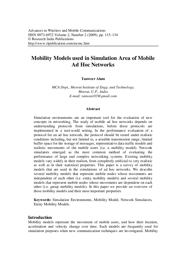 Pdf Mobility Models Used In Simulation Area Of Mobile Ad Hoc Networks