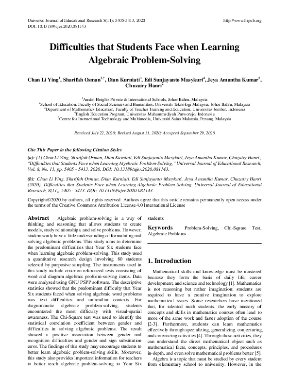 (PDF) Difficulties that Students Face when Learning Algebraic Problem-Solving