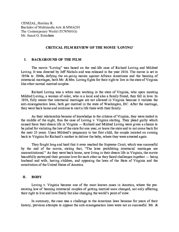 (DOC) Critical Film Review of the Movie 'Loving' by Jeff Nichols