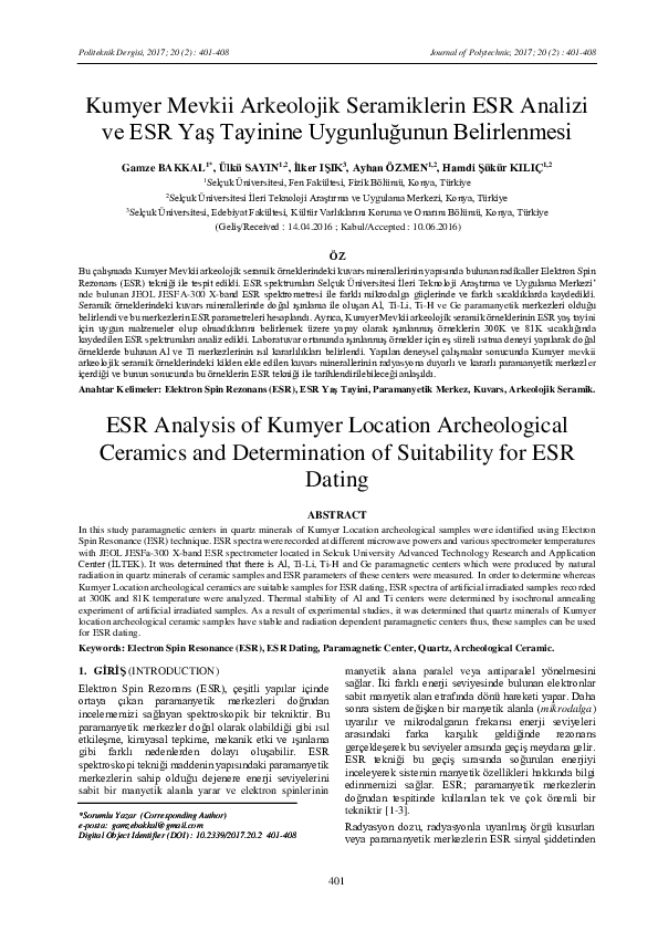 (PDF) Kumyer Mevkii Arkeolojik Seramiklerin ESR Analizi ve ESR Yaş ...