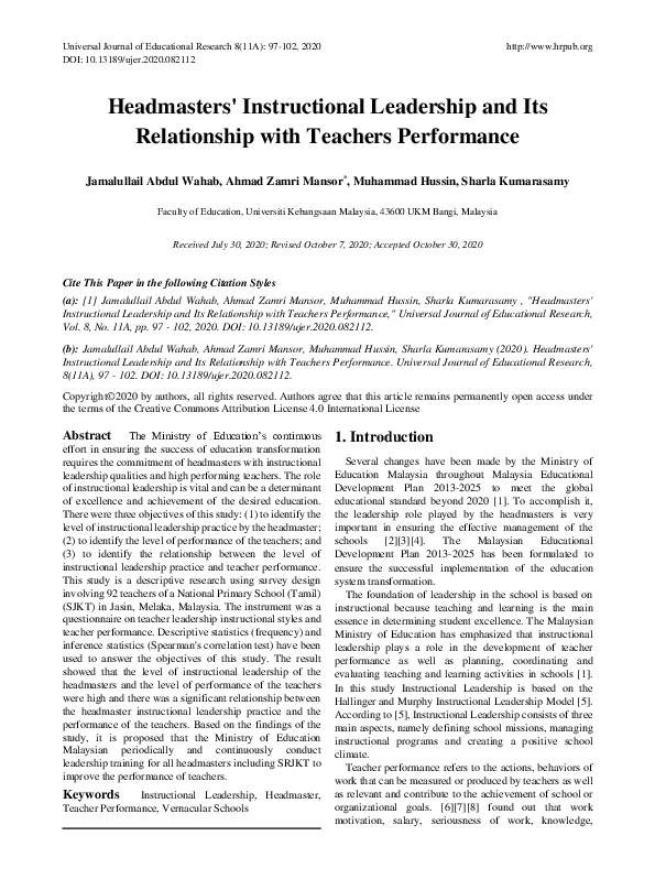 PDF Headmasters Instructional Leadership And Its Relationship With Teachers Performance pdf-headmasters-instructional-leadership-and-its-relationship-with-teachers-performance