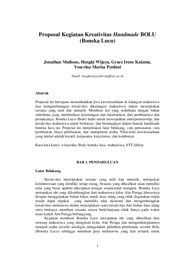 (PDF) Proposal Kegiatan Kreativitas Handmade BOLU (Boneka Lucu