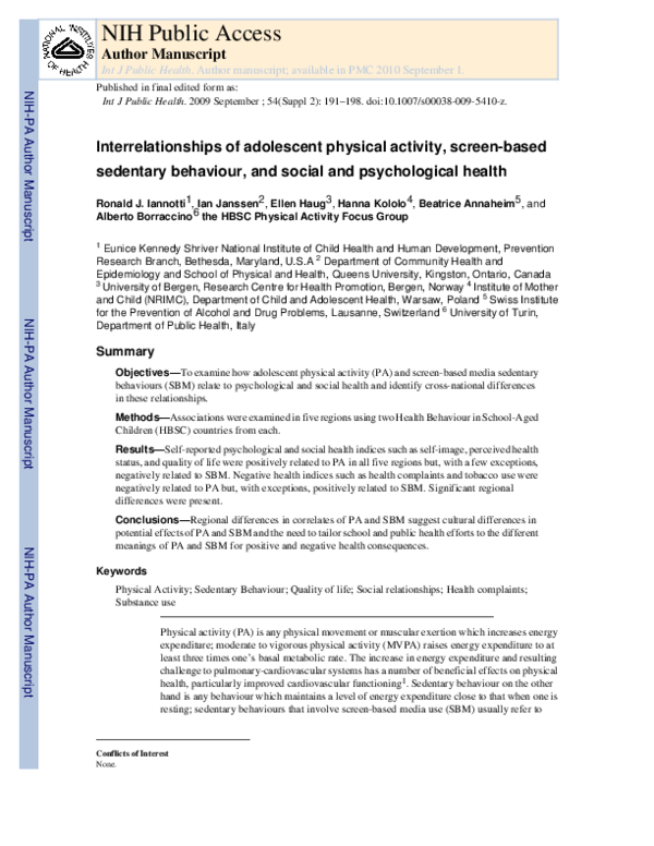 (PDF) Interrelationships of adolescent physical activity, screen-based sedentary behaviour, and ...
