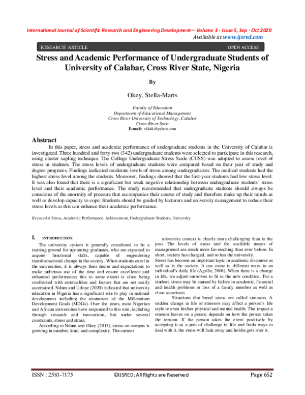 (PDF) Stress and Academic Performance of Undergraduate Students of University of Calabar, Cross ...