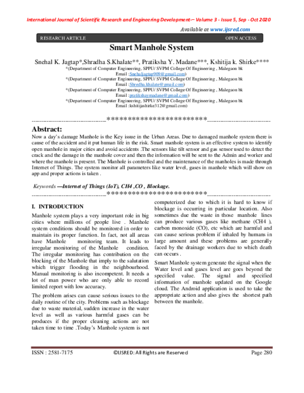 (PDF) Smart Manhole System | iJSRED Journal - Academia.edu
