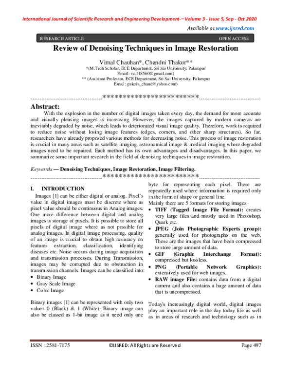 (PDF) Denoising Techniques for Image Restoration