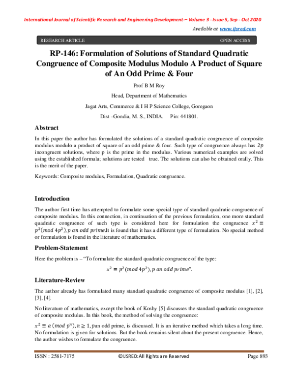 (PDF) RP-146: Formulation of Solutions of Standard Quadratic Congruence ...