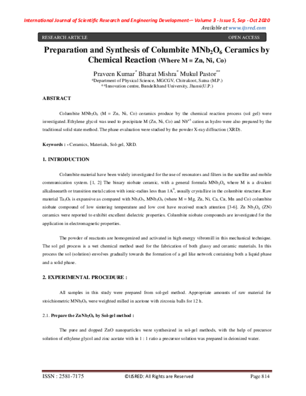 (PDF) Preparation and Synthesis of Columbite MNb 2 O 6 Ceramics by ...