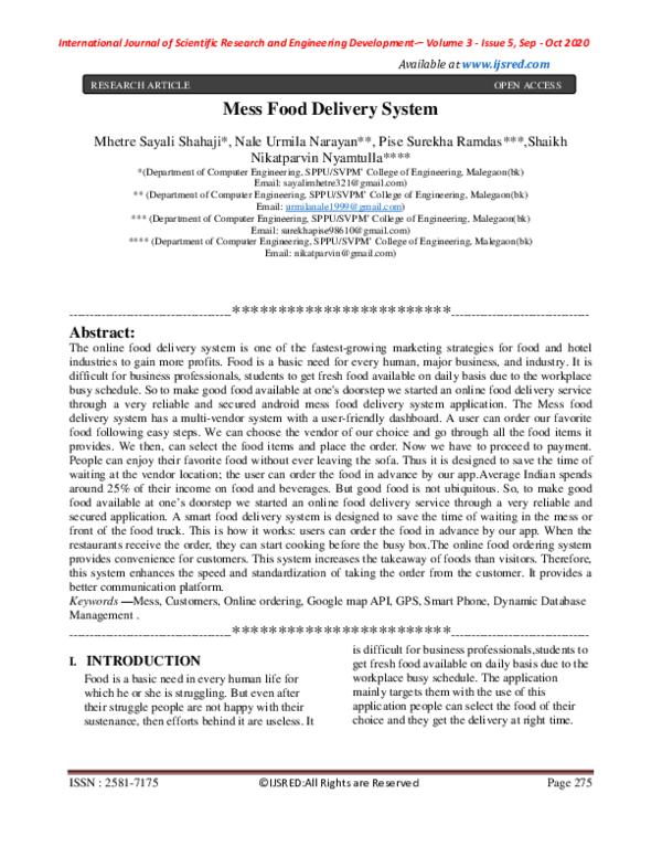(PDF) Mess Food Delivery System