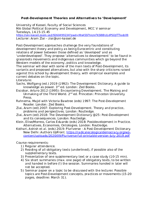 (PDF) Syllabus Post-Development Theories and Alternatives to Development