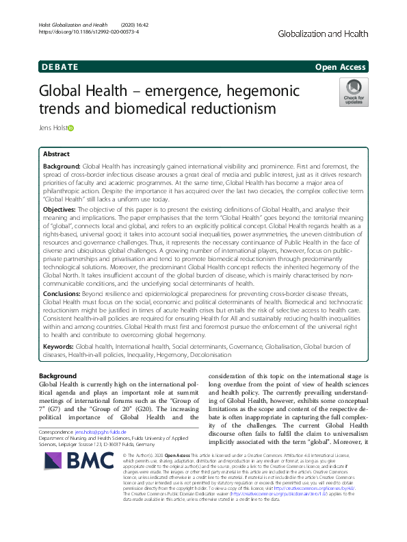 (PDF) Global Health -emergence, hegemonic trends and biomedical ...