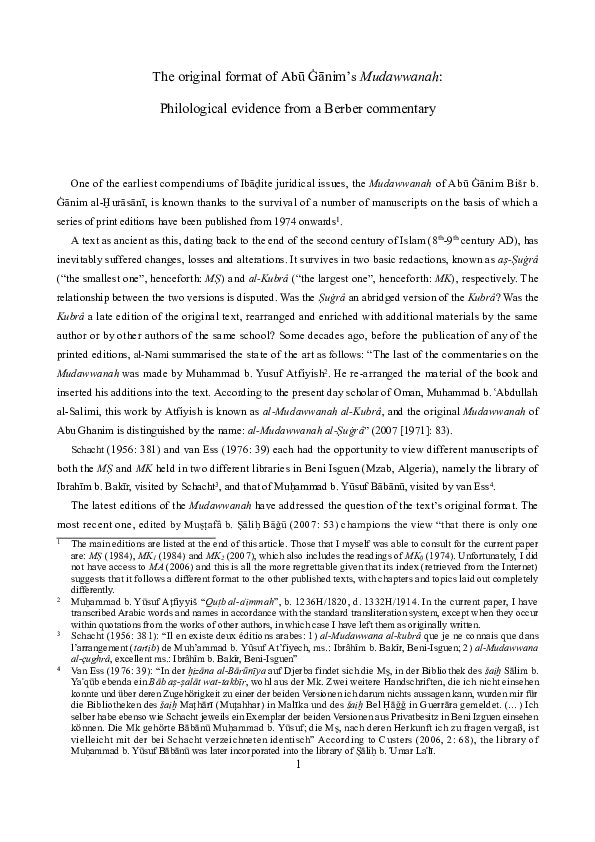 (PDF) The Original Format of Abū Ghānim’s Mudawwana: Philological ...