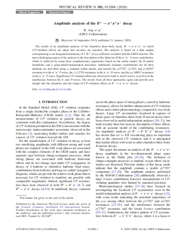 (PDF) AR 02 Amplitude Analysis of the Bp to pip pip pim Decay PRD