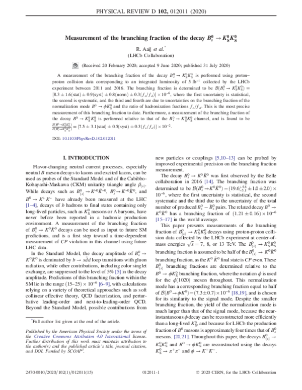 (PDF) Measurement of the Branching Fraction of the Decay B0s → K0S K0S