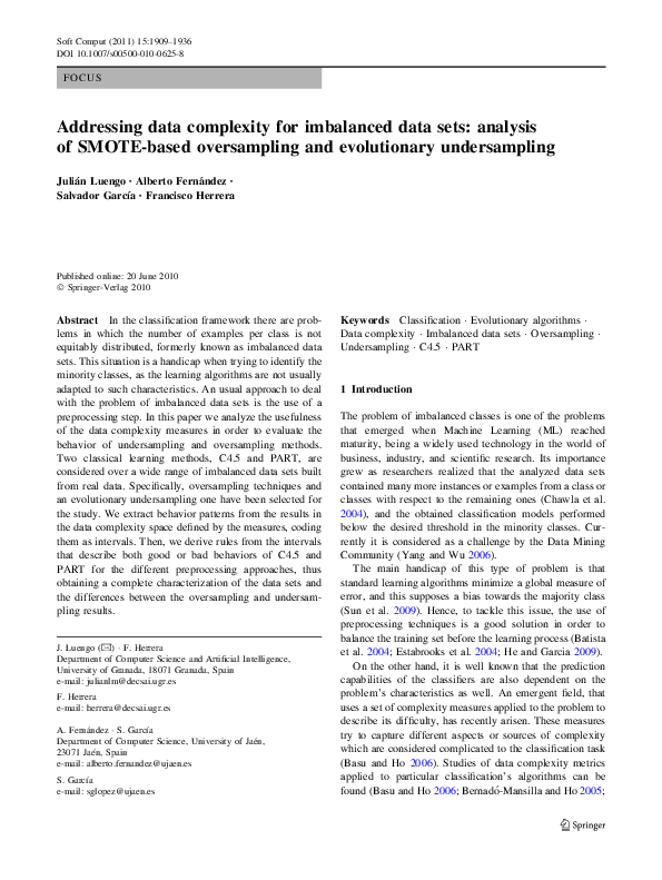 Pdf Addressing Data Complexity For Imbalanced Data Sets Analysis Of