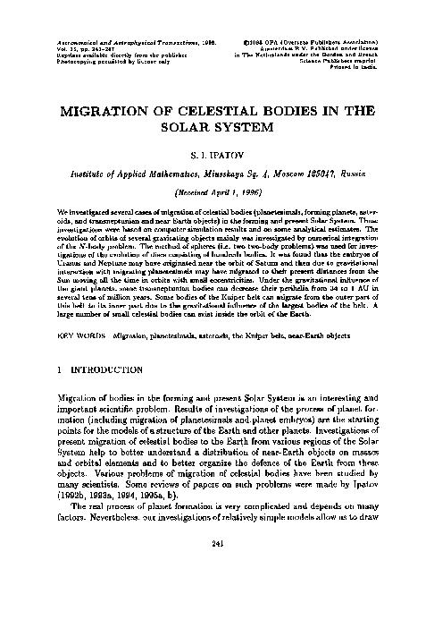 (PDF) MIGRATION OF CELESTIAL BODIES IN THE SOLAR SYSTEM