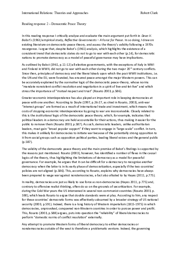 (DOC) Reading response 2 -Democratic Peace Theory