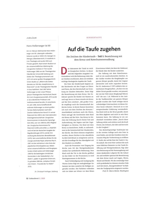 (PDF) Marco Benini, Die Zeichen der Kindertaufe, in: Gottesdienst 54 (2020)