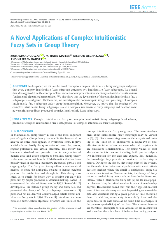 Pdf A Novel Applications Of Complex Intuitionistic Fuzzy Sets In Group Theory Nasreen Kausar