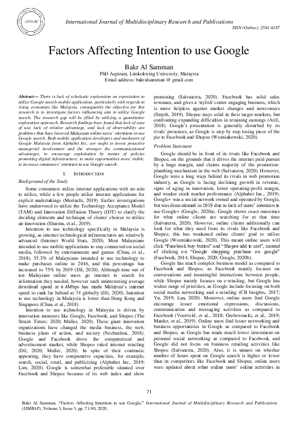 (PDF) Factors Affecting Intention to use Google