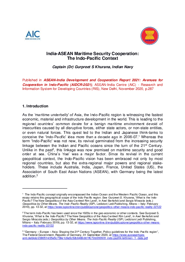 (PDF) India-ASEAN Maritime Security Cooperation: The Indo-Pacific Context