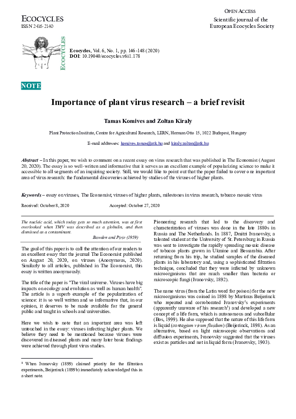 (PDF) Importance of plant virus research -a brief revisit