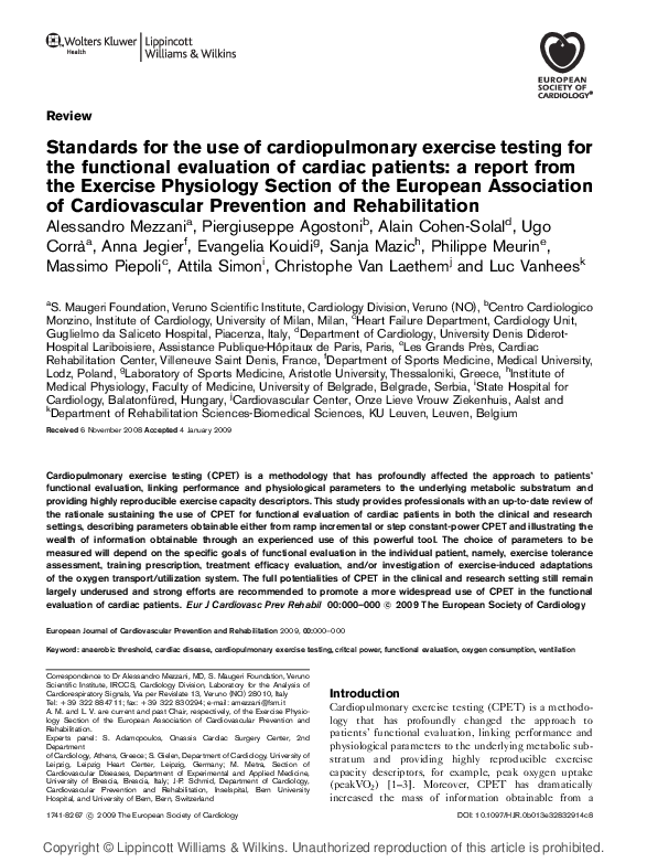 (PDF) Standards for the use of cardiopulmonary exercise testing for the ...