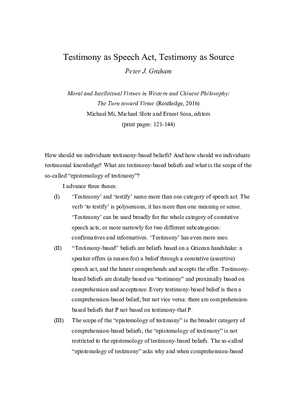 (PDF) Testimony as Speech Act, Testimony as Source