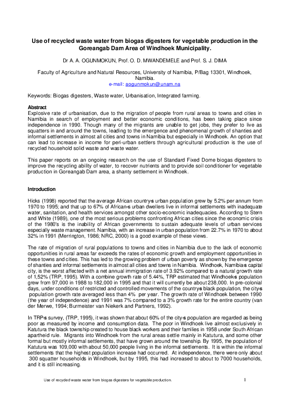 (PDF) Use of recycled waste water from biogas digesters for vegetable ...