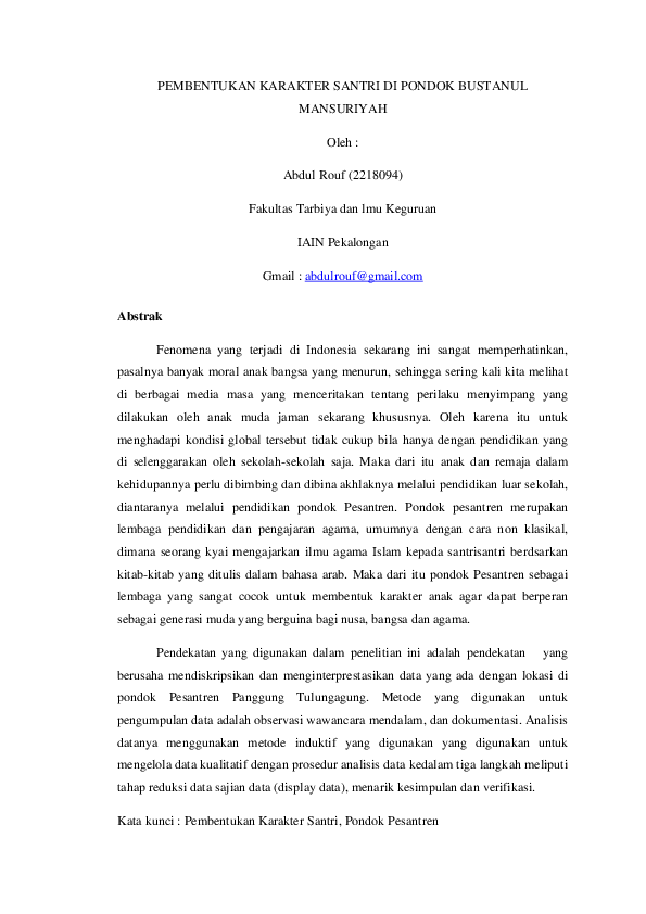 (PDF) PEMBENTUKAN KARAKTER SANTRI DI PONDOK BUSTANUL MANSURIYAH Oleh