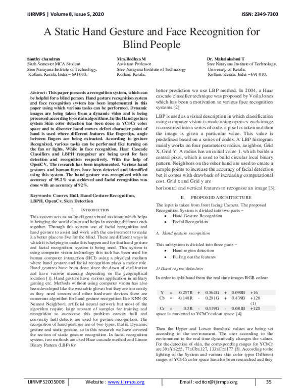 (PDF) A Static Hand Gesture and Face Recognition for Blind People